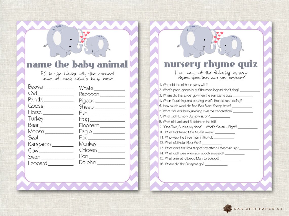 Elephant Baby Shower Games Baby Shower Games Lavender - Etsy