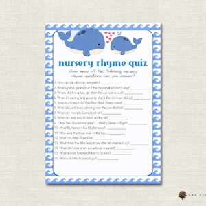 Whale Nursery Rhyme Quiz Baby Shower Game - Whale Nursery Rhyme Baby ...