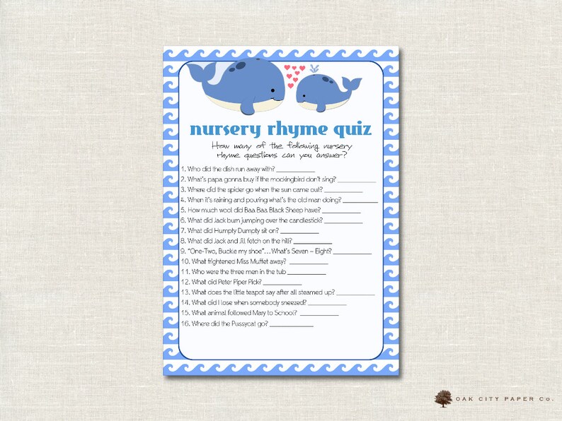 Whale Nursery Rhyme Quiz Baby Shower Game Whale Nursery - Etsy