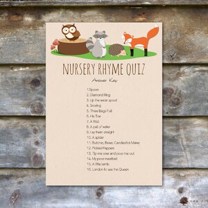Nursery Rhyme Quiz Baby Shower - Woodland Animal Baby Nursery Rhyme ...