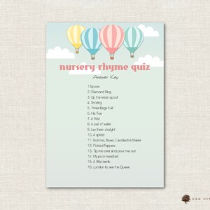 Hot Air Balloon Nursery Rhyme Quiz Baby Shower Game Balloon Nursery ...