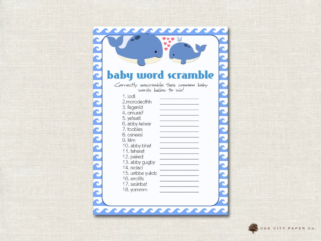 Whale Baby Shower Word Scramble, Whale Word Scramble, Baby Shower Baby ...