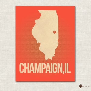Champaign Map of Illinois Love Home Heart Print Multiple Colors 8x10 ...