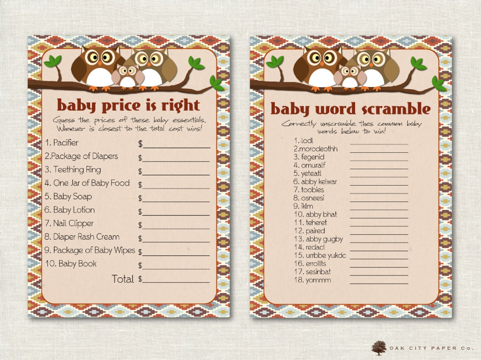 Owl Baby Shower Games Package - Baby Shower Games, Owl Shower Games ...