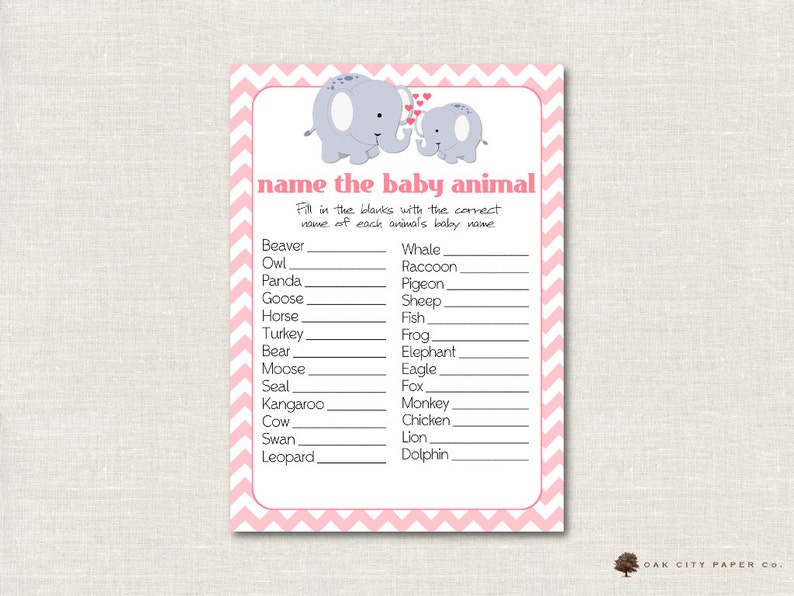 Pink Elephant Name the Baby Animal Baby Shower Game Elephant - Etsy
