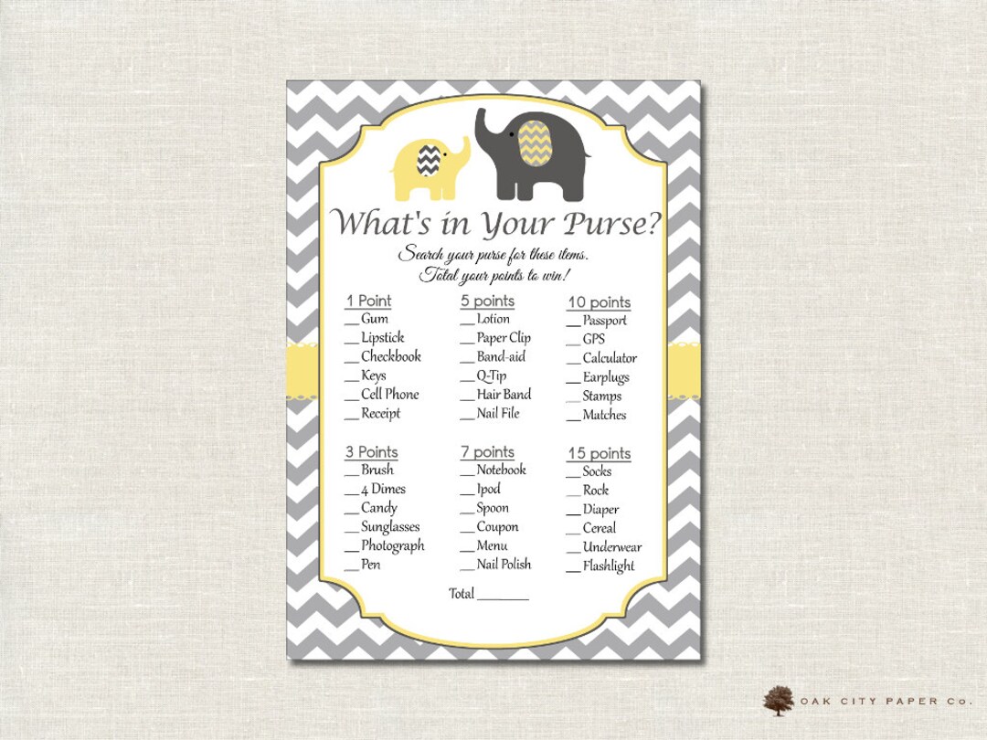 Elephant Whats in Your Purse Shower Game - Whats in Your Purse Baby ...