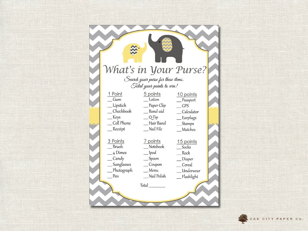 Elephant Whats in Your Purse Shower Game Whats In Your Purse | Etsy
