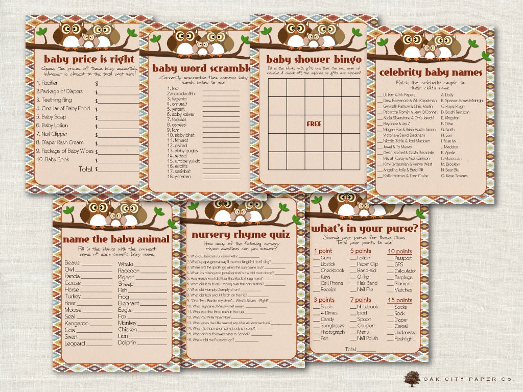 Owl Baby Shower Games Package - Baby Shower Games, Owl Shower Games ...