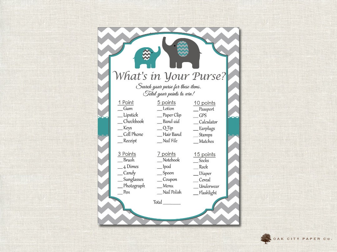 Elephant Whats in Your Purse Shower Game - Whats in Your Purse Baby ...