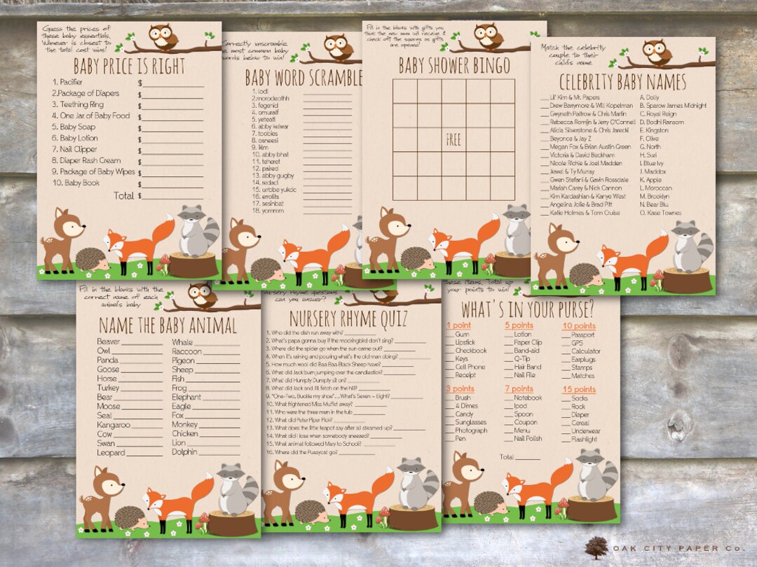 Woodland Animal Baby Shower Games Package, Bundle of 7, DIY, Printable ...