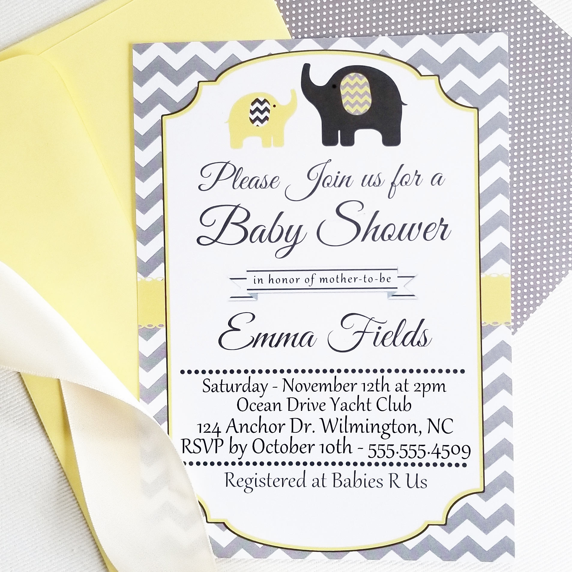 Yellow and Gray Elephant Baby Shower Invitation, Baby Shower Invitation ...