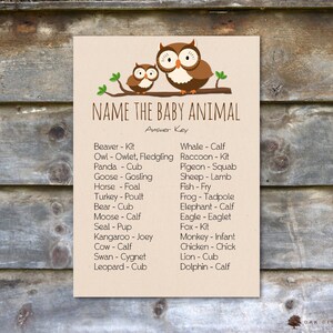Owl Name the Baby Animal Baby Shower Game - Owl Shower Baby Animal Game ...
