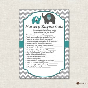 Elephant Nursery Rhyme Quiz Baby Shower Game - Teal Elephant Nursery ...