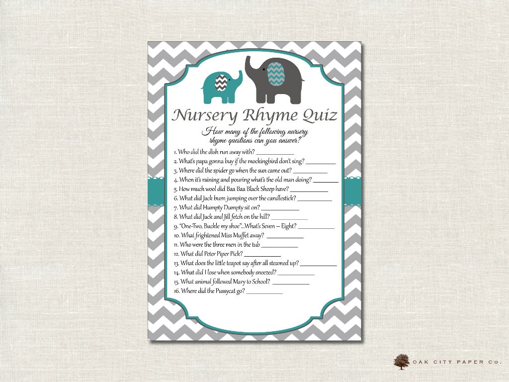 Elephant Nursery Rhyme Quiz Baby Shower Game Teal Elephant - Etsy
