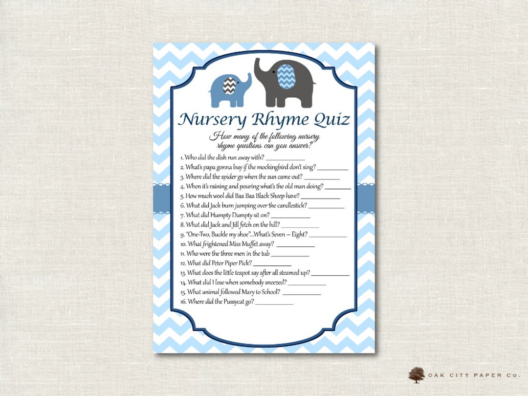 Elephant Nursery Rhyme Quiz Baby Shower Game - Baby Blue Elephant ...