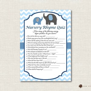 Elephant Nursery Rhyme Quiz Baby Shower Game - Baby Blue Elephant ...