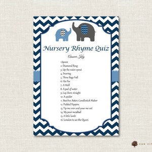 Elephant Nursery Rhyme Quiz Baby Shower Game - Navy Elephant Nursery ...