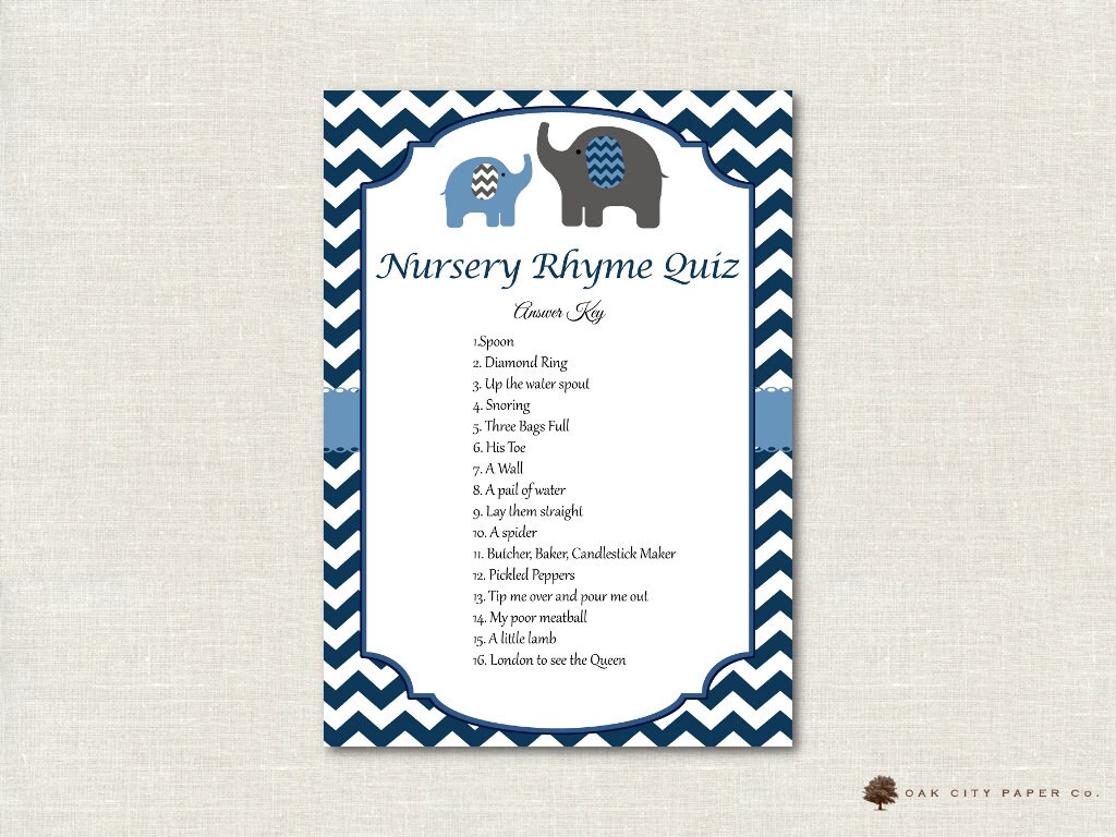 Elephant Nursery Rhyme Quiz Baby Shower Game Navy Elephant - Etsy
