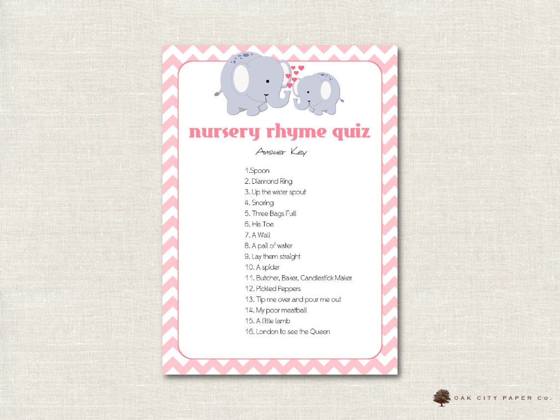 Pink Elephant Nursery Rhyme Quiz Baby Shower Game - Nursery Rhyme Quiz ...