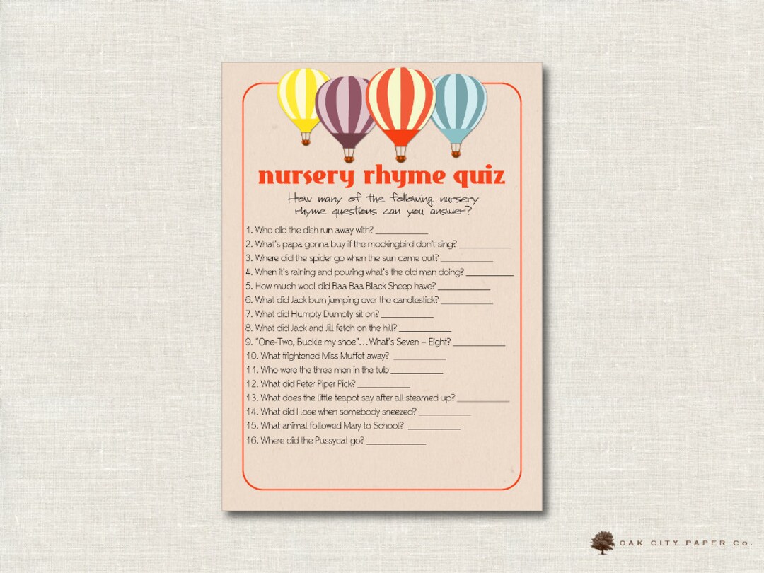 Hot Air Balloon Nursery Rhyme Quiz Baby Shower Game Balloon - Etsy
