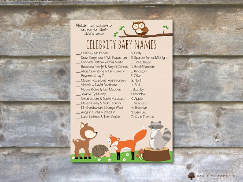 Celebrity Baby Shower Game - Woodland Animal Celebrity Baby Name Game ...