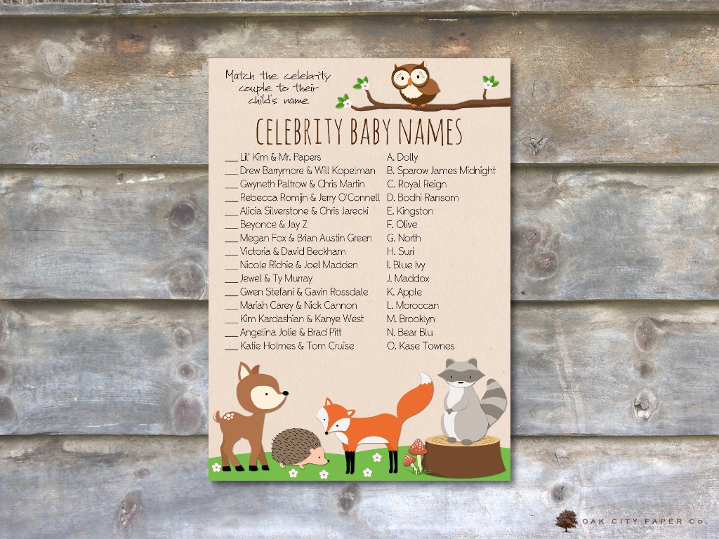 Celebrity Baby Shower Game - Woodland Animal Celebrity Baby Name Game ...
