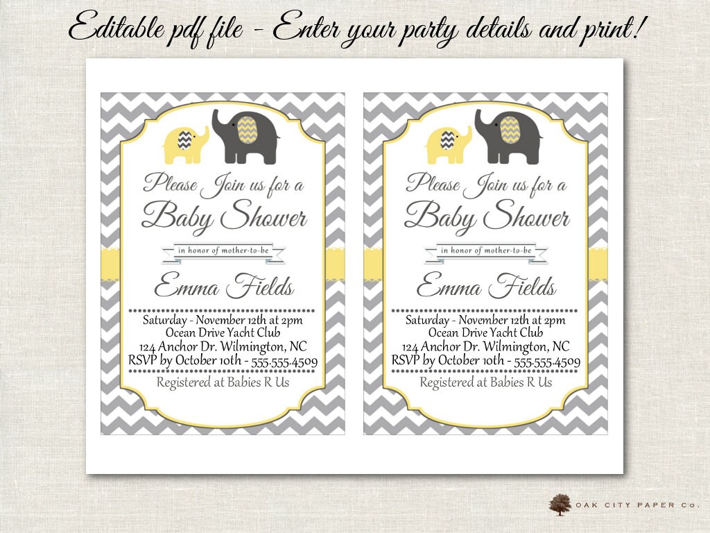 Yellow and Gray Elephant Baby Shower Invitation, Baby Shower Invitation ...