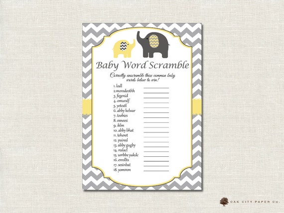 Elephant Baby Shower Word Scramble Printable Elephant Themed Baby
