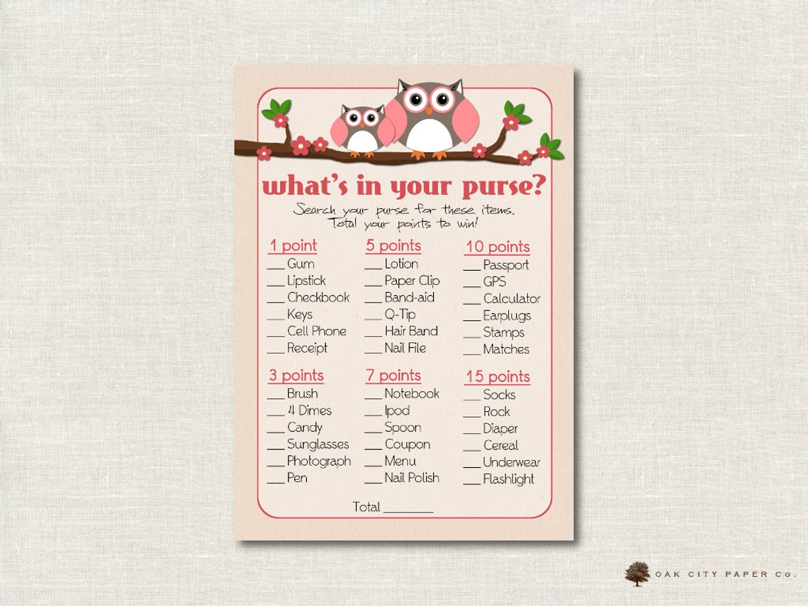 Owl Whats in Your Purse Shower Game Whats in Your Purse Baby | Etsy