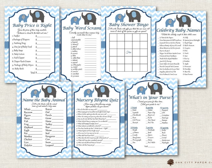 Blue Elephant Baby Shower Games Package Set, Elephant Themed Baby ...