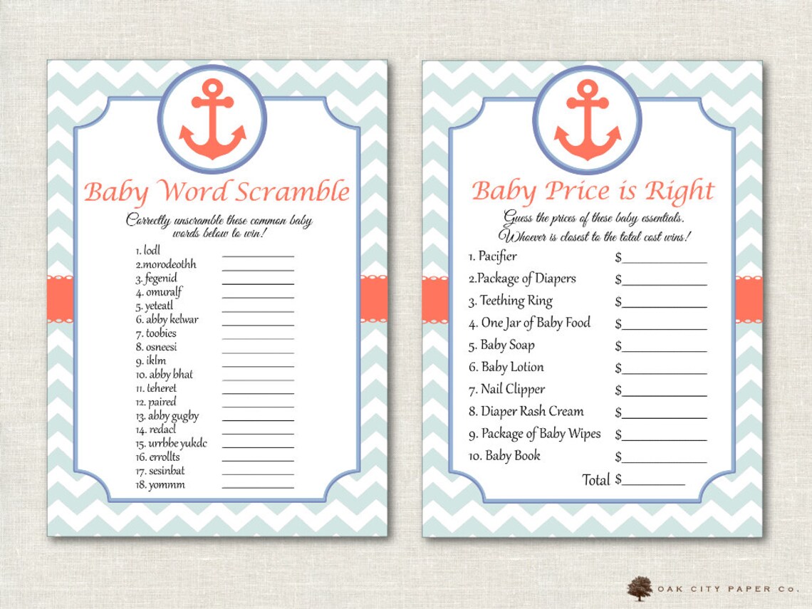 Nautical Baby Shower Games - Coral and Blue Nautical Shower Games ...