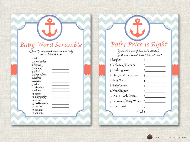 Nautical Baby Shower Games Coral and Blue Nautical Shower - Etsy