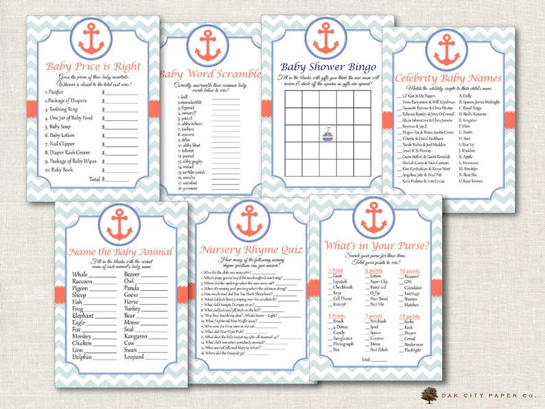 Nautical Baby Shower Games Coral and Blue Nautical Shower - Etsy