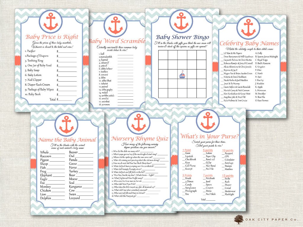 Nautical Baby Shower Games - Coral and Blue Nautical Shower Games ...