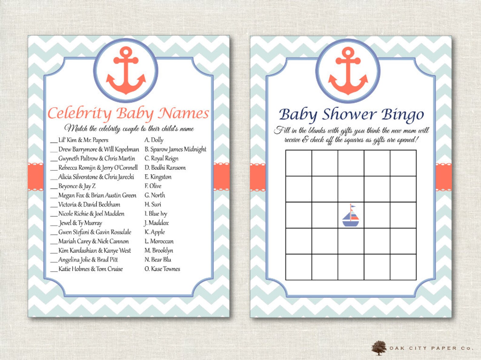Nautical Baby Shower Games - Coral and Blue Nautical Shower Games ...