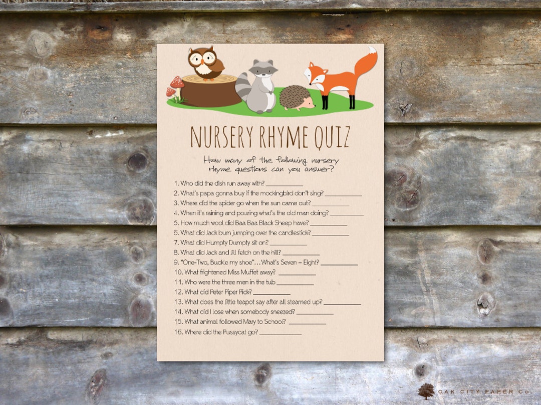 Nursery Rhyme Quiz Baby Shower - Woodland Animal Baby Nursery Rhyme ...