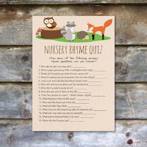 Nursery Rhyme Quiz Baby Shower - Woodland Animal Baby Nursery Rhyme ...