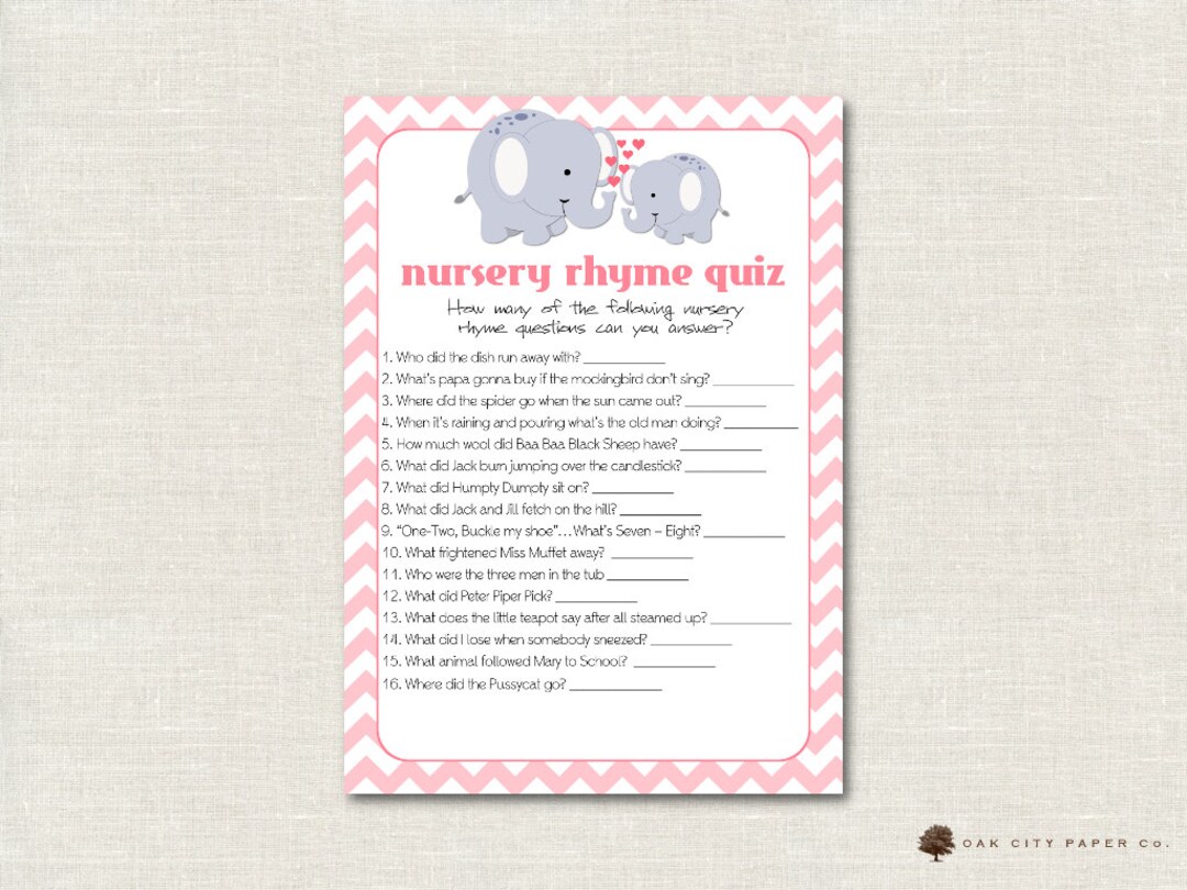 Pink Elephant Nursery Rhyme Quiz Baby Shower Game - Nursery Rhyme Quiz ...