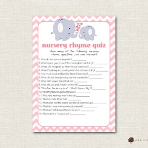 Pink Elephant Nursery Rhyme Quiz Baby Shower Game - Nursery Rhyme Quiz ...