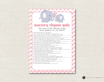 Elephant Baby Shower Game, Nursery Rhyme Quiz Game, Pink Elephant Girl ...