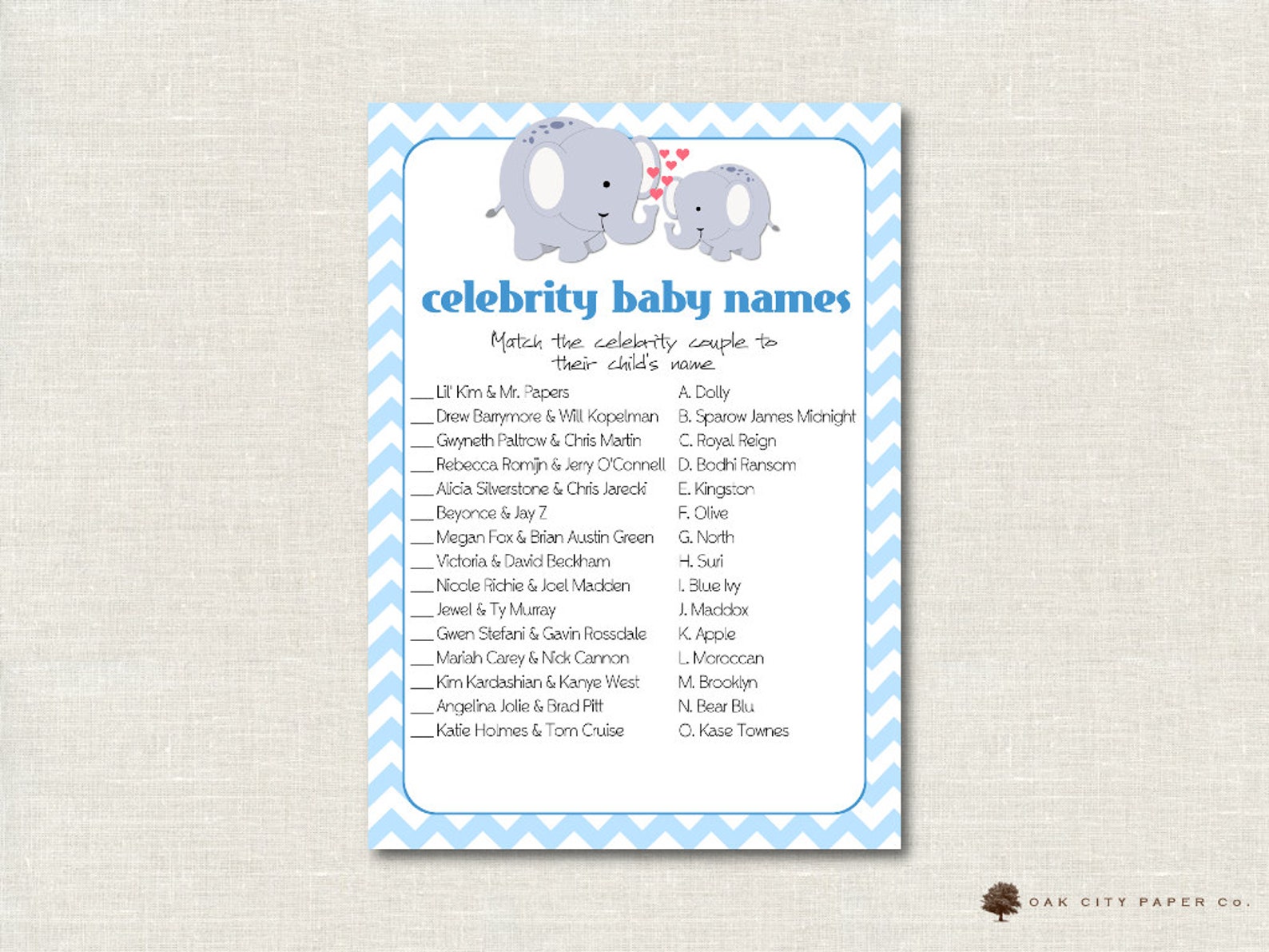 Celebrity Baby Shower Game Elephant Celebrity Baby Name - Etsy