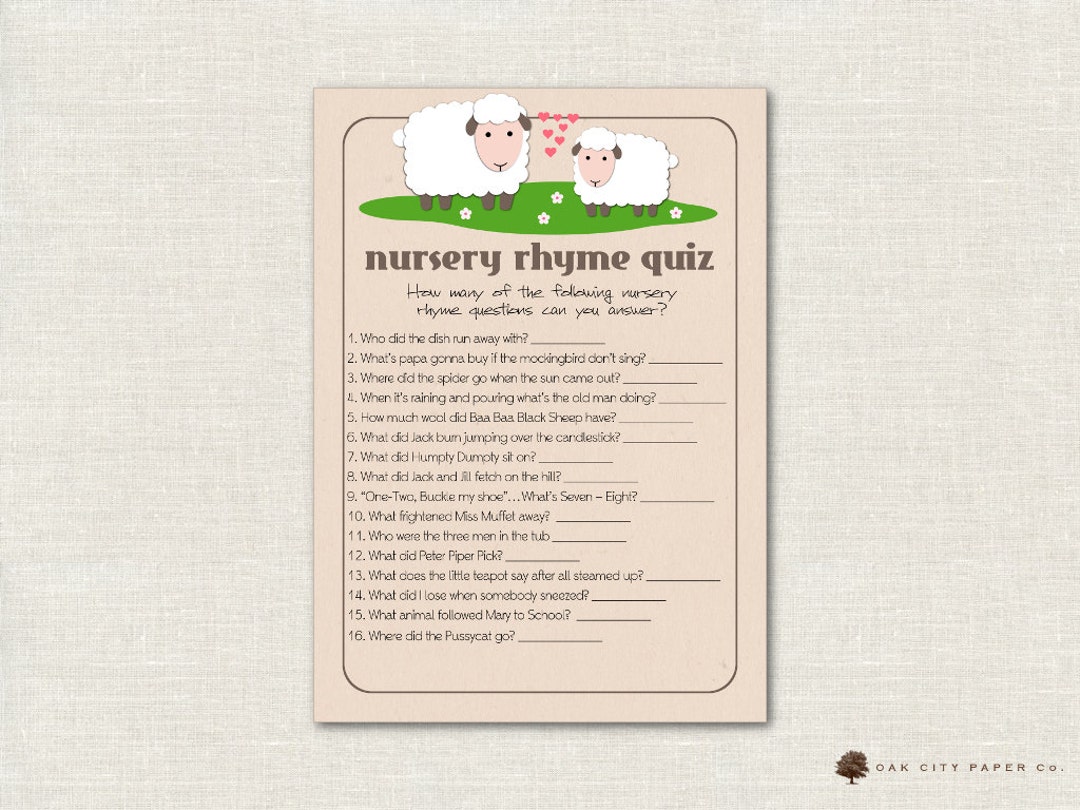 Lamb Nursery Rhyme Quiz Baby Shower Game - Sheep Nursery Rhyme Baby ...
