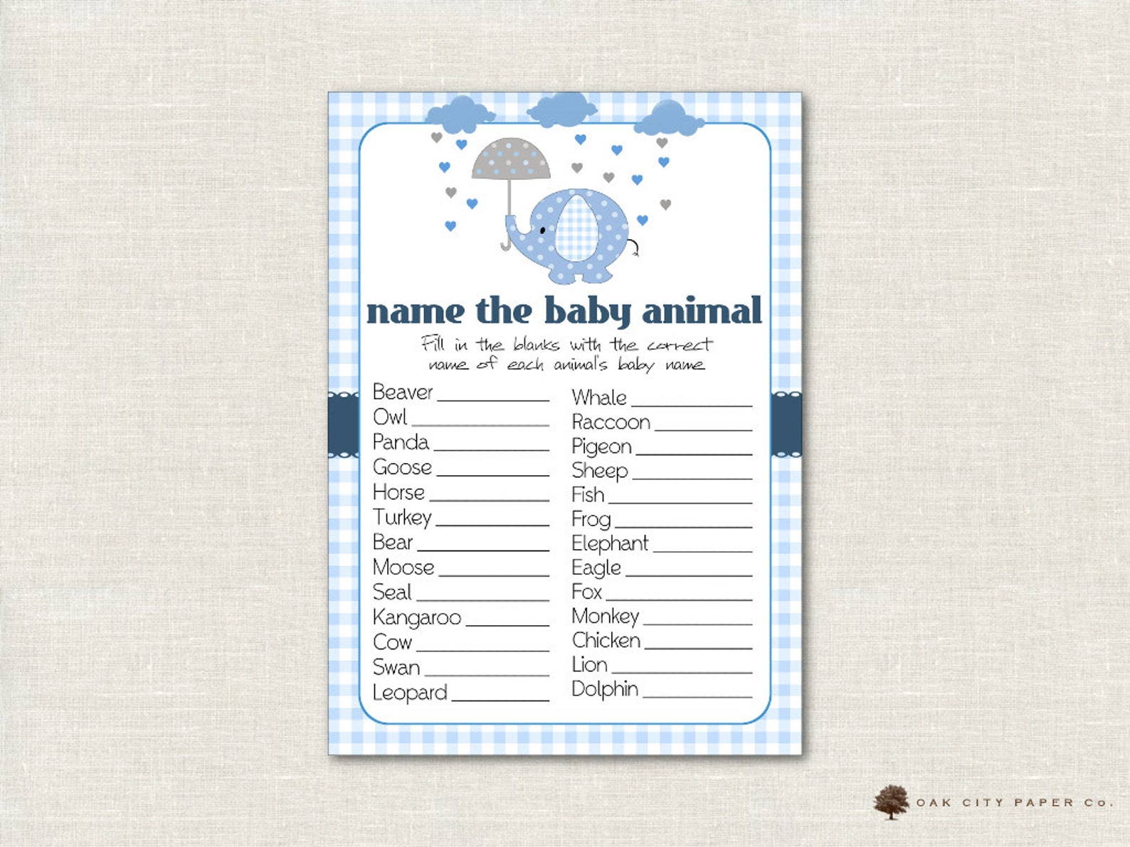 Elephant Name the Baby Animal Baby Shower Game Blue Elephant - Etsy