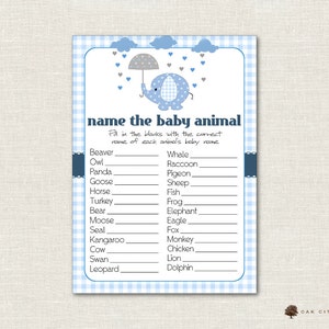 Elephant Name the Baby Animal Baby Shower Game - Blue Elephant Shower ...