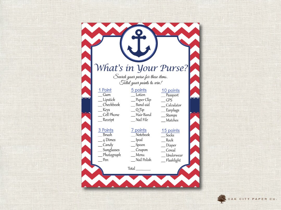 Nautical Whats in Your Purse Shower Game Whats in Your Purse Baby ...