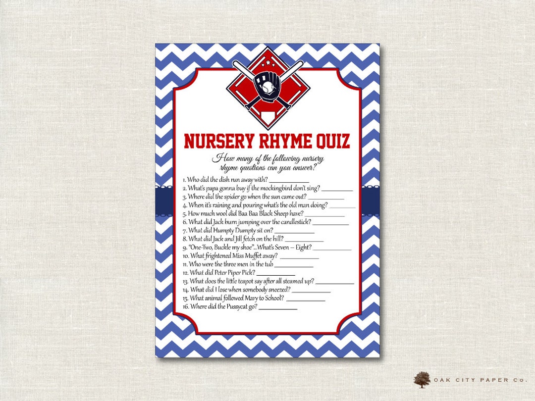 Baseball Nursery Rhyme Quiz Baby Shower Game Baseball Nursery Rhyme ...