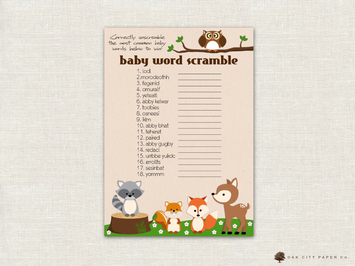Baby Shower Word Scramble Woodland Animal Theme Baby Shower - Etsy