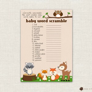 Baby Shower Word Scramble - Woodland Animal Theme, Baby Shower Baby ...