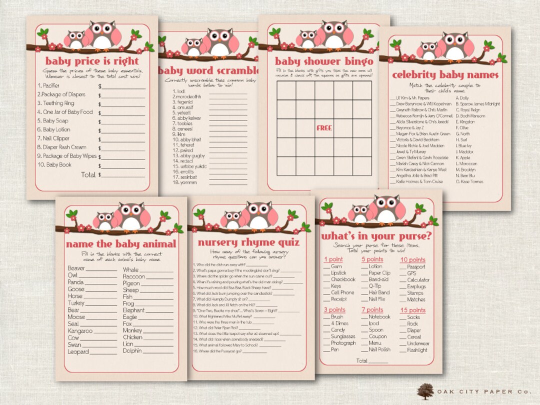 Owl Baby Shower Games Package Pink Baby Shower Games, Pink Owl Shower ...