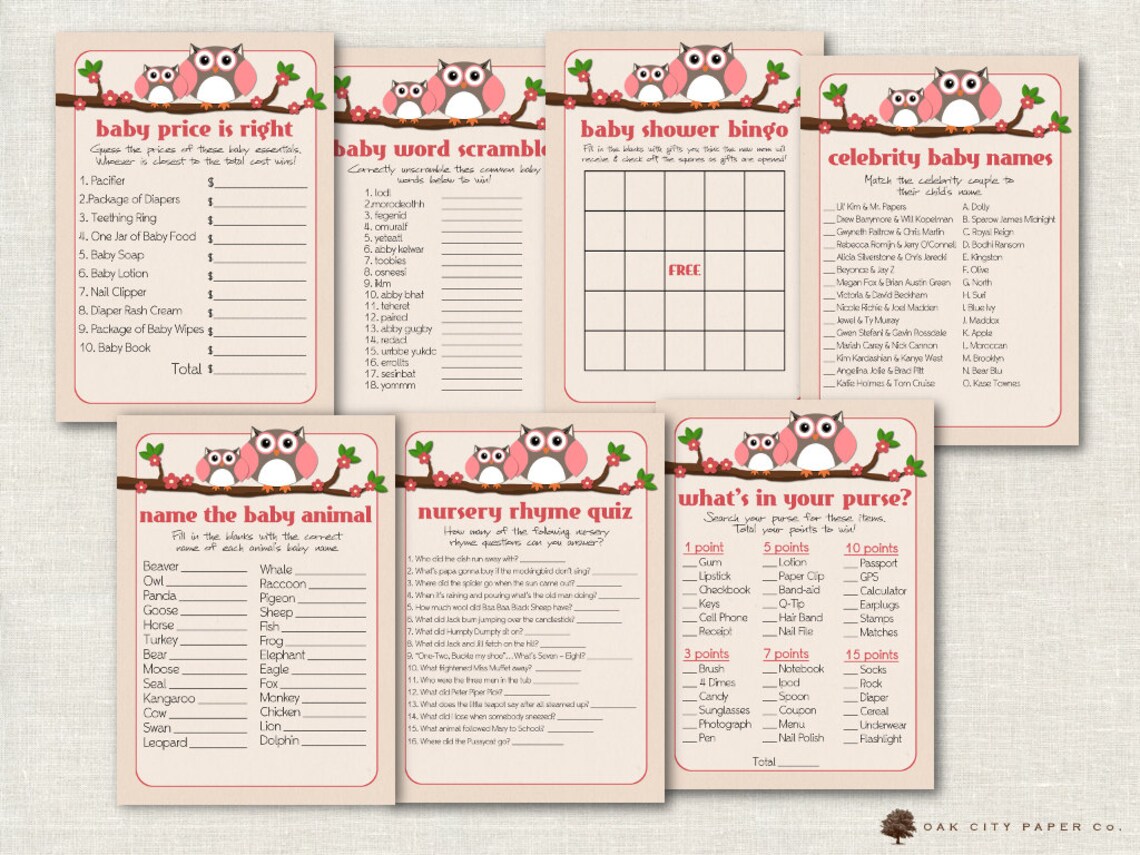 Owl Baby Shower Games Package Pink Baby Shower Games Pink | Etsy